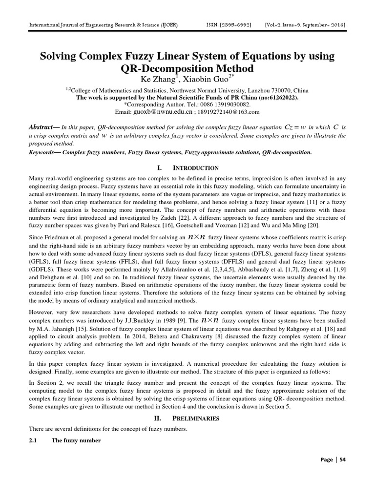 Engineering Journal Solving Complex Fuzzy Linear System of Equations by Using QR-Decomposition ...