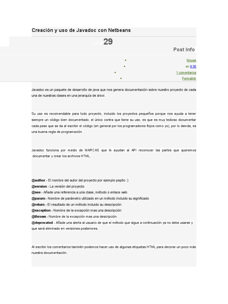 Creación y Uso de Javadoc Con Netbeans | PDF | Java (lenguaje de programación) | Entero