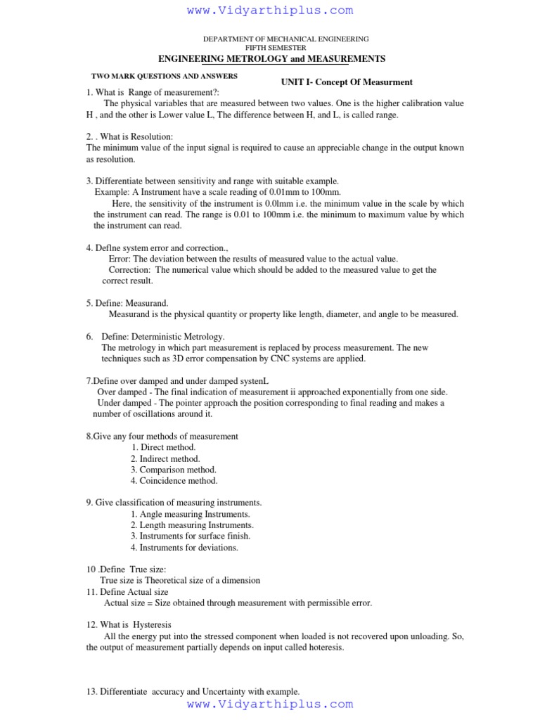 Engineering Metrology and Measurements-2-Marks | PDF | Gear ...