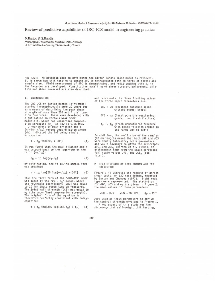 Barton and Bandis, 1990. Review of Predictive Capabilities of JRC-JCS ...