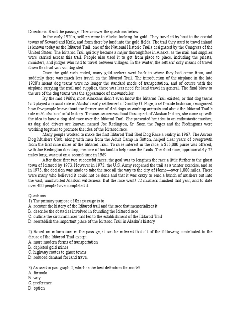 Reading Comprehension | PDF | Iditarod Trail Sled Dog Race | Dog Sledding
