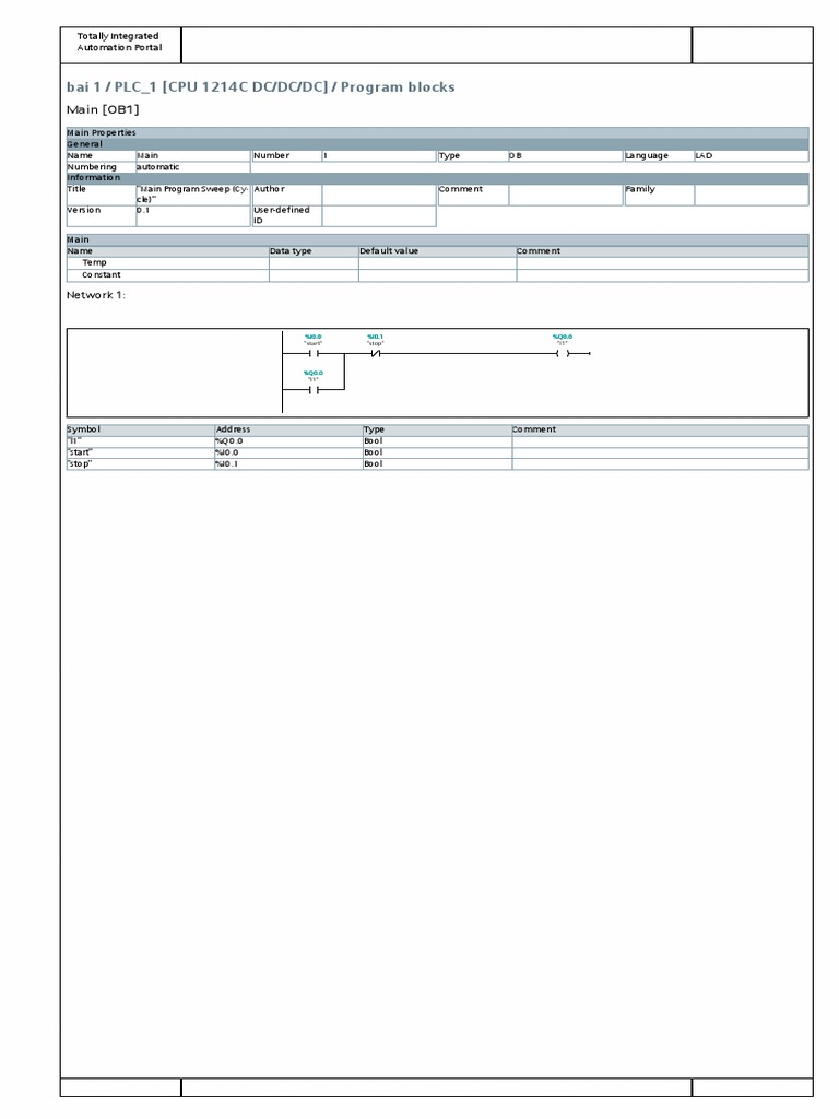 Bai 1 / PLC - 1 (CPU 1214C DC/DC/DC) / Program Blocks: Main (OB1) | PDF | Business | Technology ...