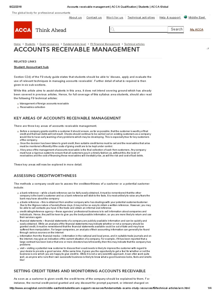 Accounts Receivable Management - ACCA Qualification - Students | PDF ...