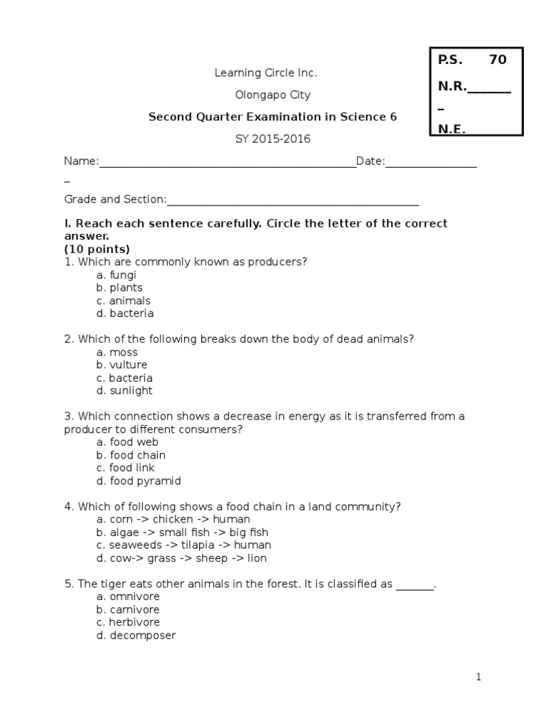 second-quarter-exam-science-6-2015-2016-chemical-elements-predation