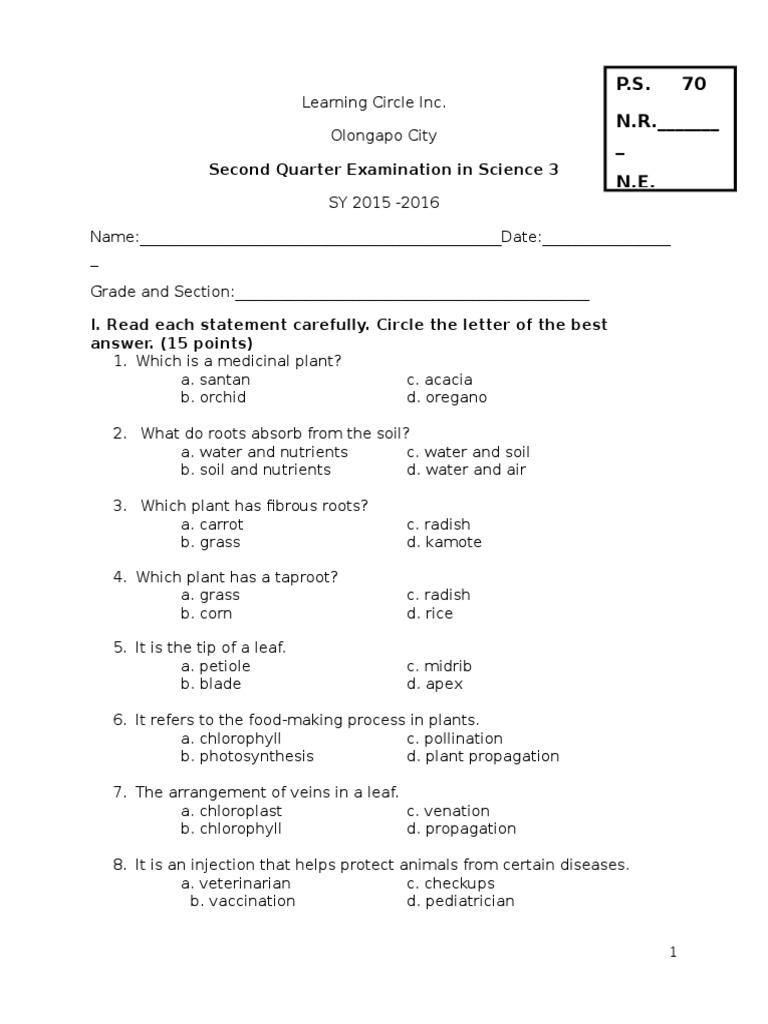 Grade 3 Science Exam: Plants & Animals | PDF | Plants | Seed