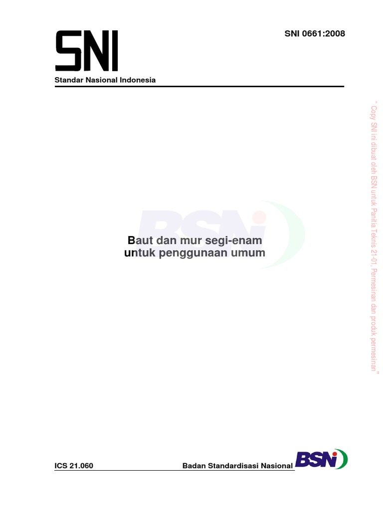 SNI 0661-2008 Baut Dan Mur Segi Enam Untuk Penggunaan Umum PDF | PDF