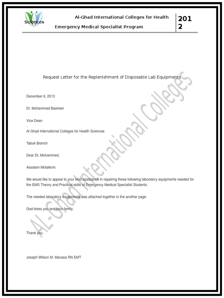 Request Letter For The Replenishment of Disposable Lab Equipments | PDF