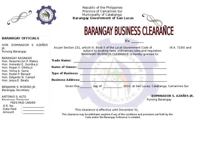 Barangay Business Clearance 2016 | PDF