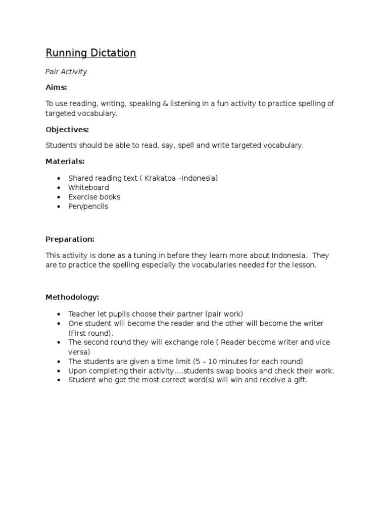 Running Dictation: Pair Activity | PDF