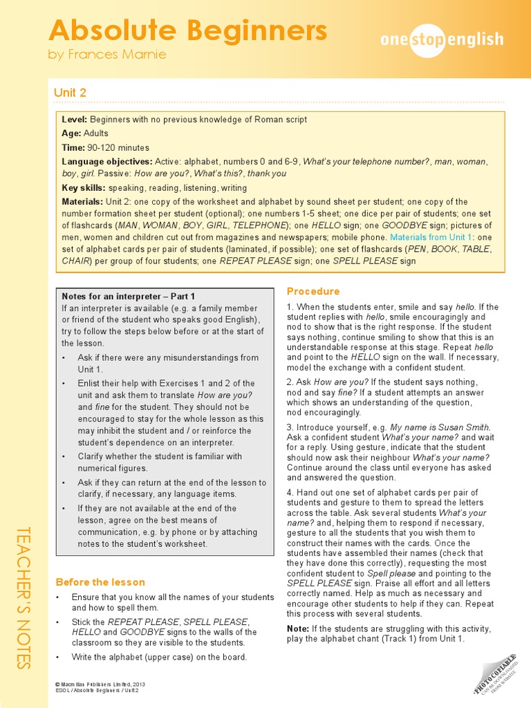 ESOL Absolute Beginners Unit 2 No Roman | PDF | Question | English Language