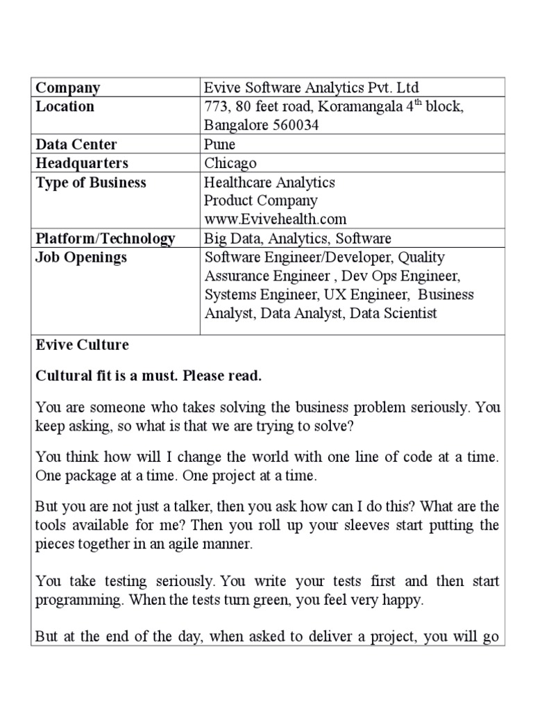 Evive Software Analytics Careers | PDF | Computer Programming | Algorithms