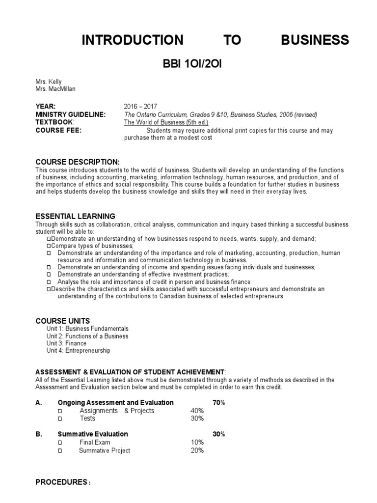 BBI 1OI/2OI Business Course Overview | PDF | Homework | Entrepreneurship