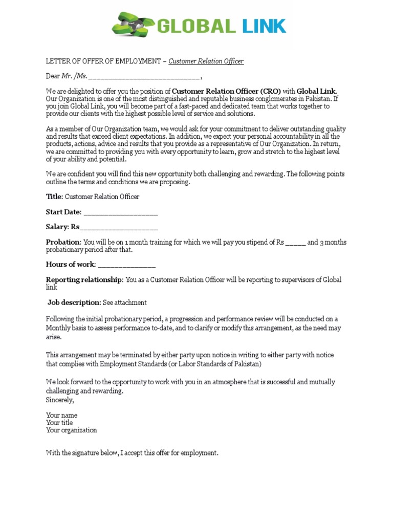 Offer Letter - Global Link | PDF