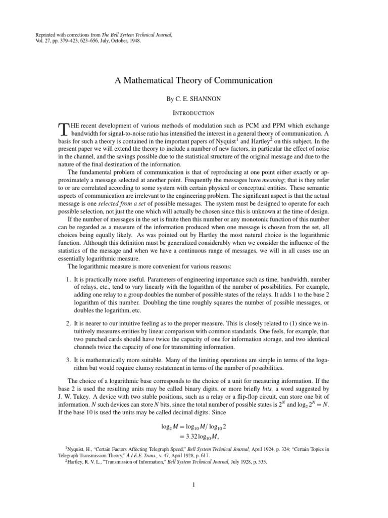 Shannon - A Mathematical Theory of Communication | PDF | Business