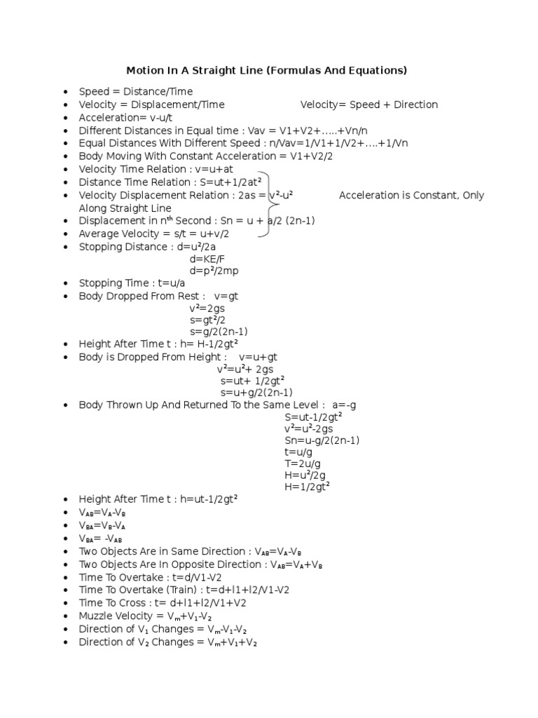 Motion in A Straight Line (Formulas and Equations) | PDF