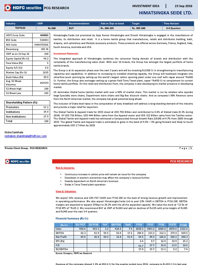 Himatsingka Seide LTD.: PCG Research | PDF | Financial Analyst ...