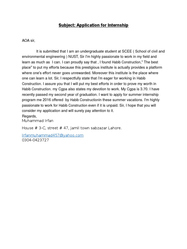 Subject: Application For Internship: Habib Construction | PDF