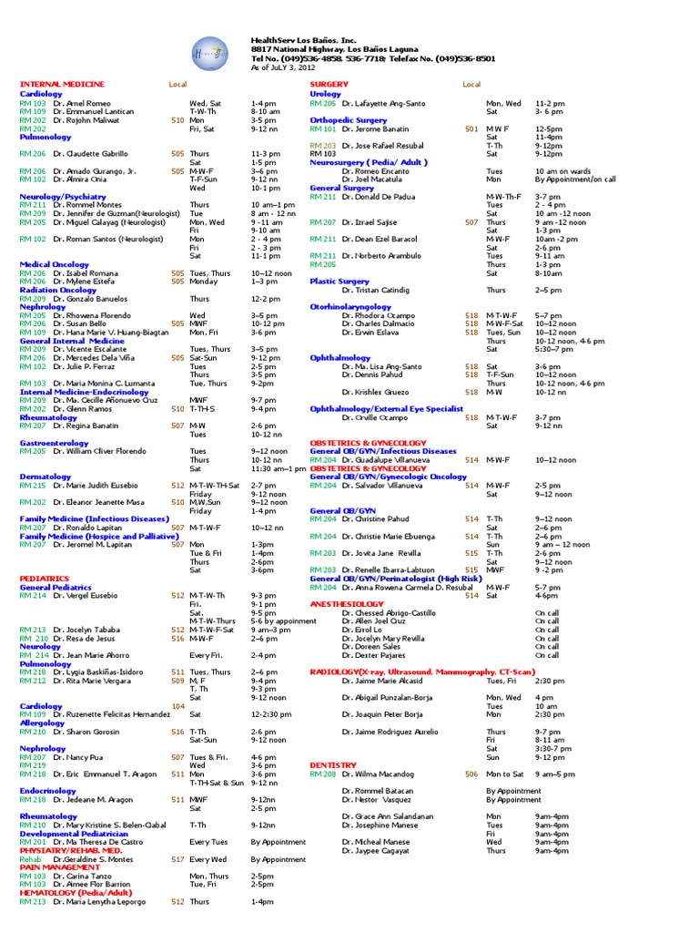 Healthserv Clinic Schedule | PDF | Medicine | Health Care