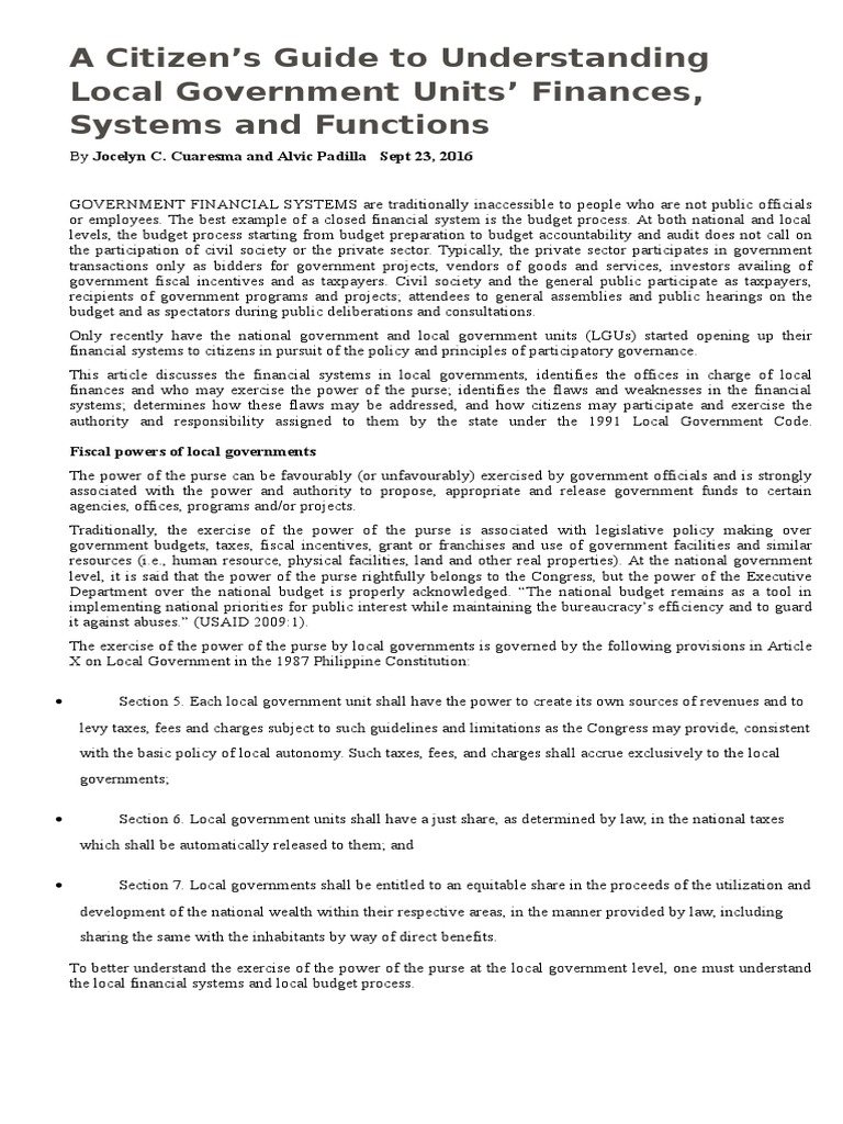 A Citizen's Guide To Understanding Local Government Units' Finances ...