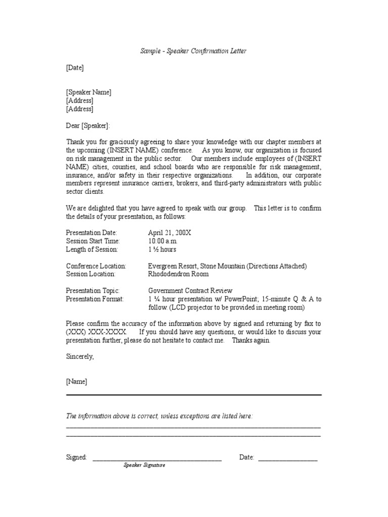 Sample - Speaker Confirmation Letter | PDF