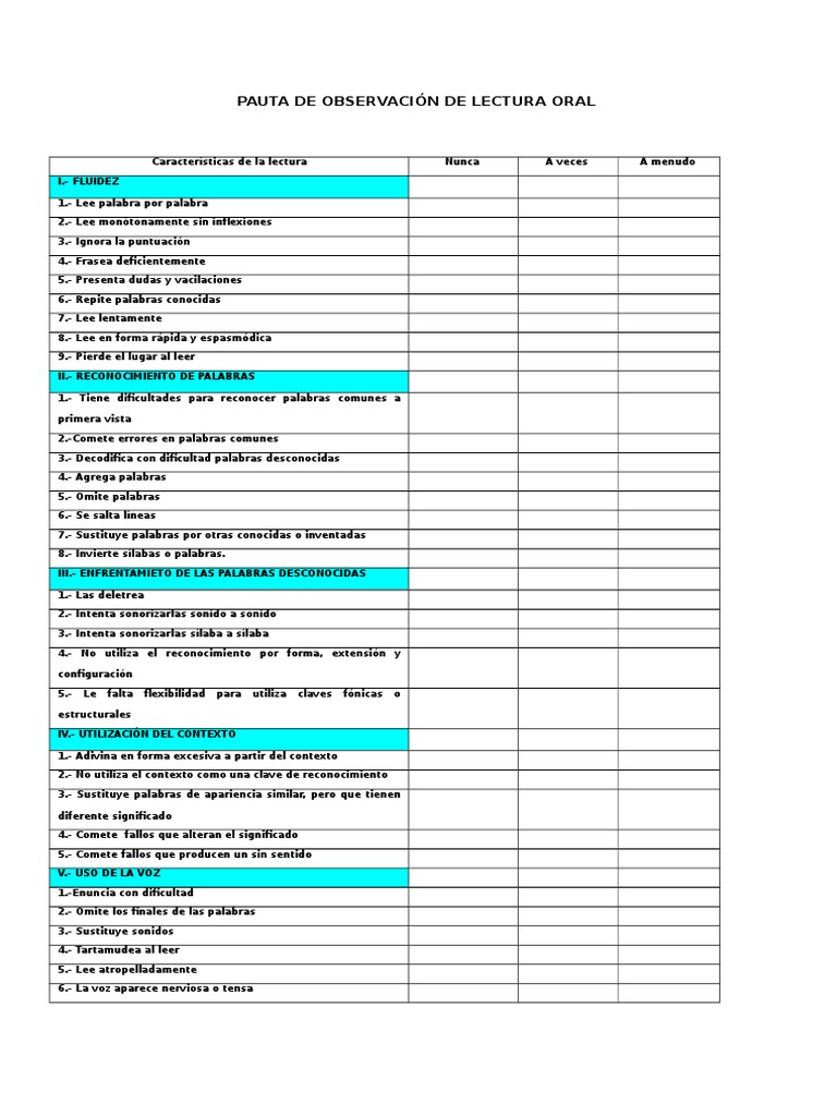 Pauta de Observación de Lectura Oral | PDF
