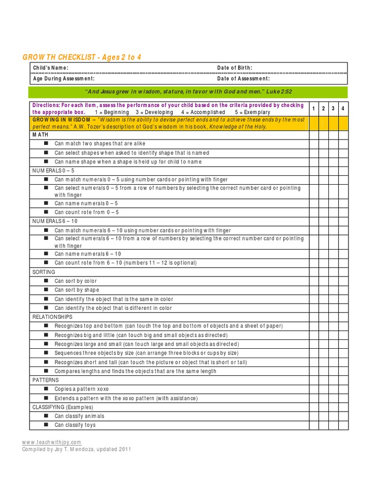 Growth Checklist Ages 2 To 4 | PDF | Sin | The Gospel