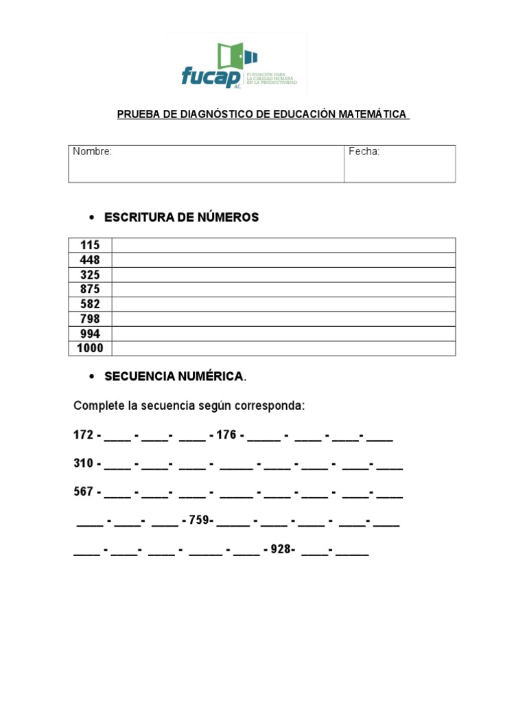 Prueba Diagnóstica Matemáticas 3° Básico | PDF | Números | Sustracción