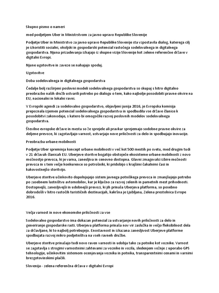 Pismo o Nameri MJU-Uber | PDF