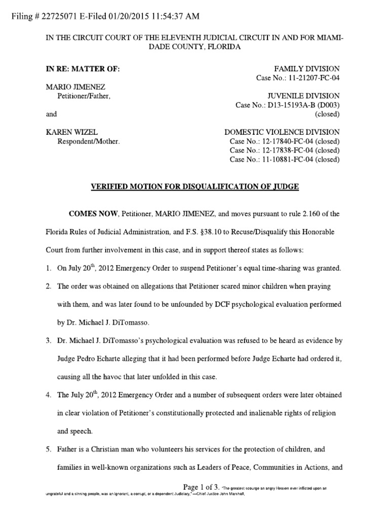Verified Motion For Disqualification of Judge Filed | PDF