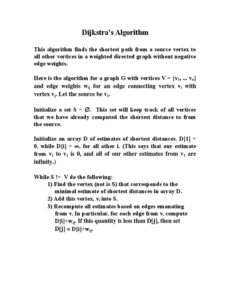 Dijkstra's Algorithm:, ... V) and Edge Weights W For An Edge Connecting Vertex V With Vertex V ...
