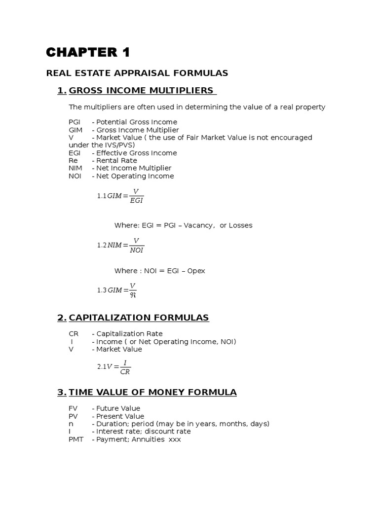 Real Estate Appraisal Formulas | PDF
