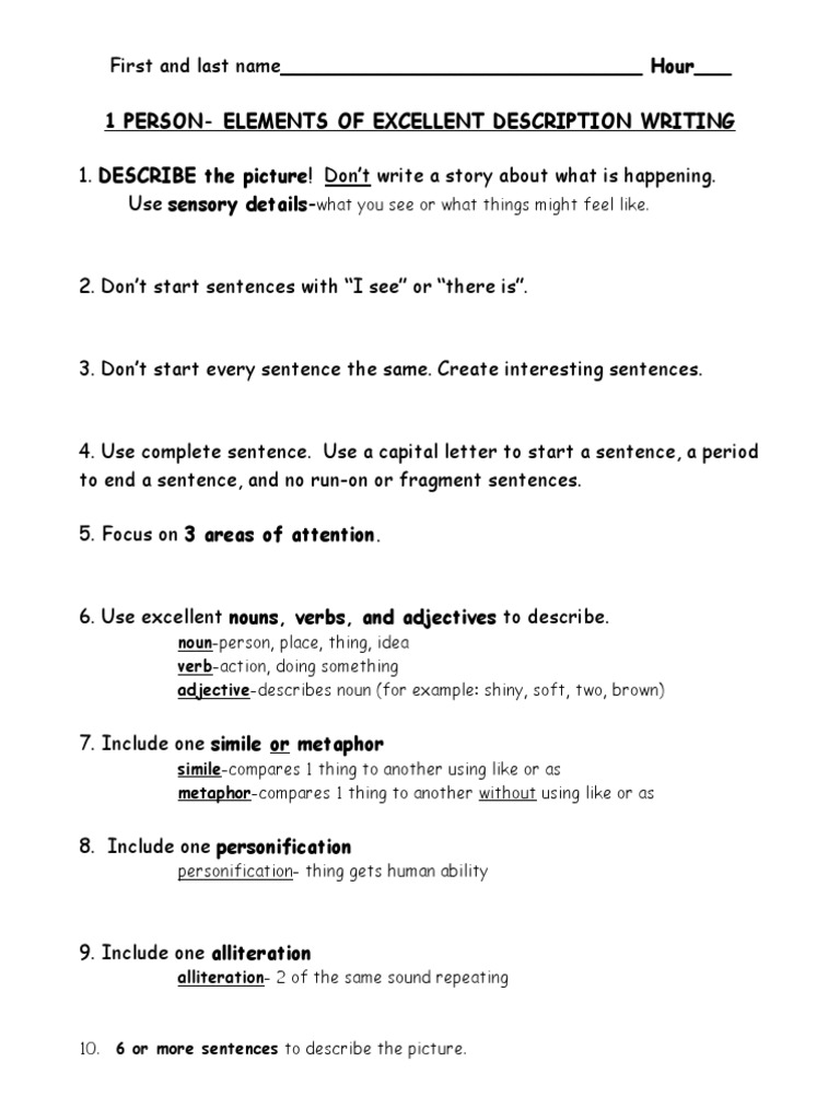 Element of Excellent Description Writing and Revision Checklist-1 ...