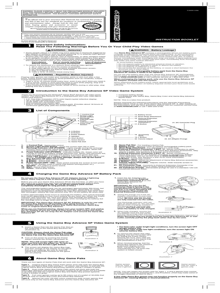 Game Boy Advance SP Instruction Booklet | PDF | Electrical Connector ...