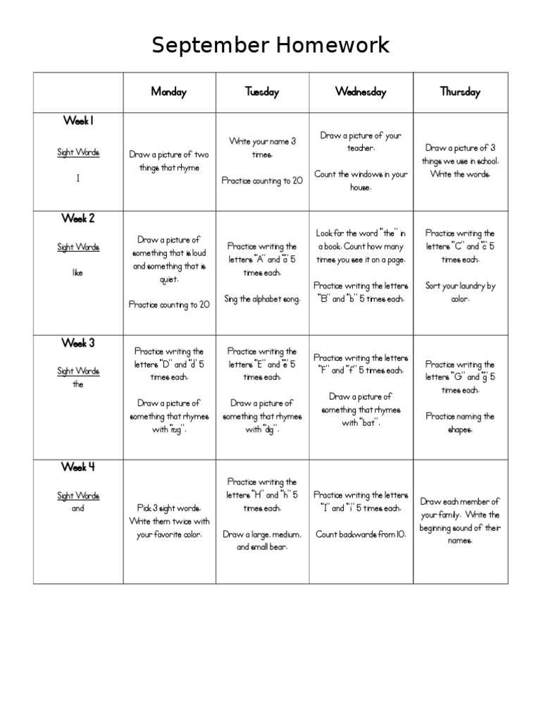 September Homework: Monday Tuesday Wednesday Thursday Week 1 | PDF