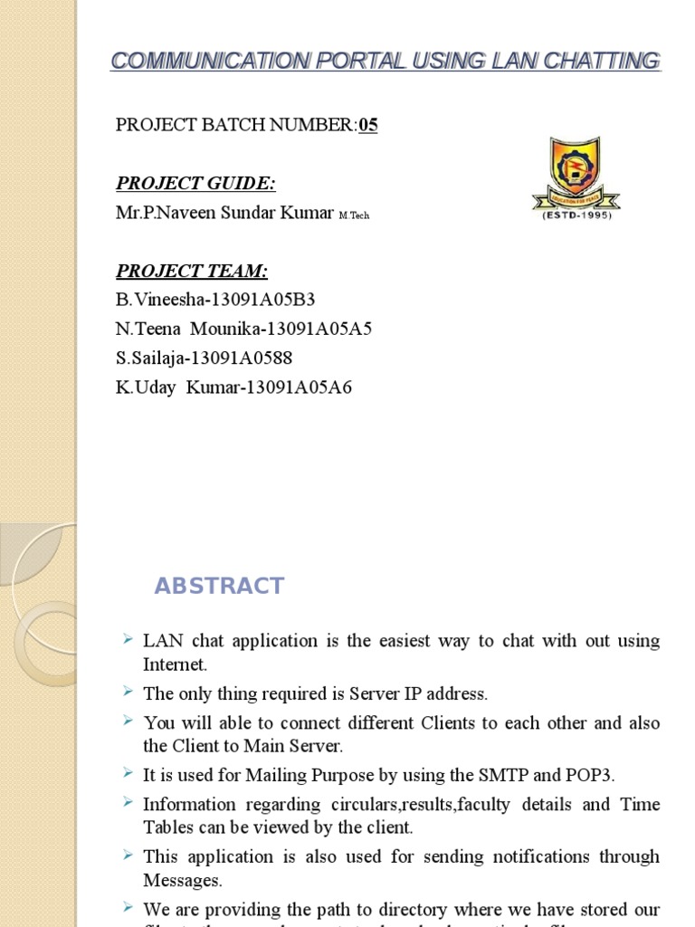 Final PPT OF COMMUNICATION PORTAL USING LAN CHATTING | PDF | Instant Messaging | Computer Network