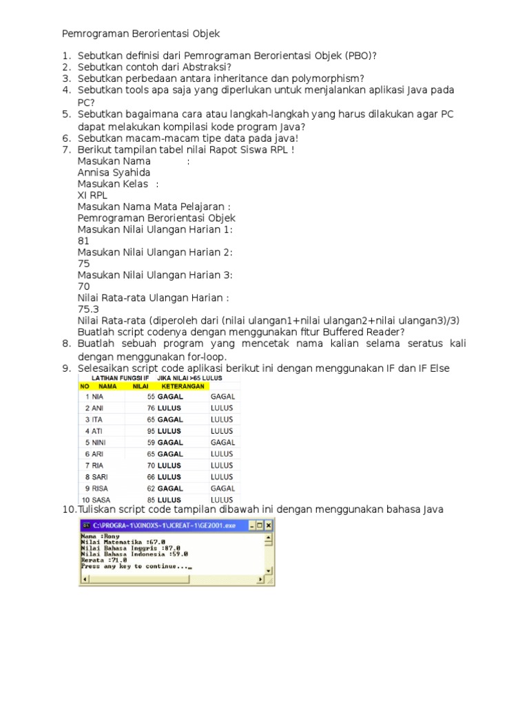 SOAL UTS Pemrograman Berorientasi Objek XI RPL Semester 1 | PDF