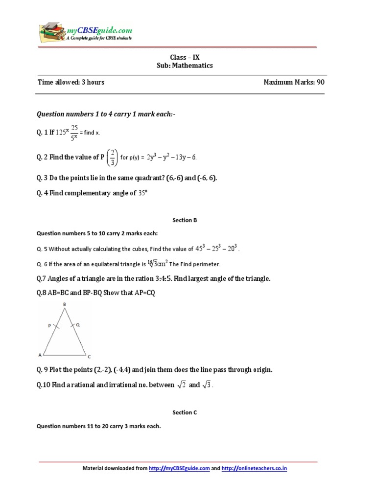 Question Numbers 1 To 4 Carry 1 Mark Each:-: Class - IX Sub ...