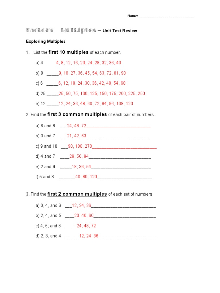 Factors and Multiples Test Review | PDF | Discrete Mathematics ...