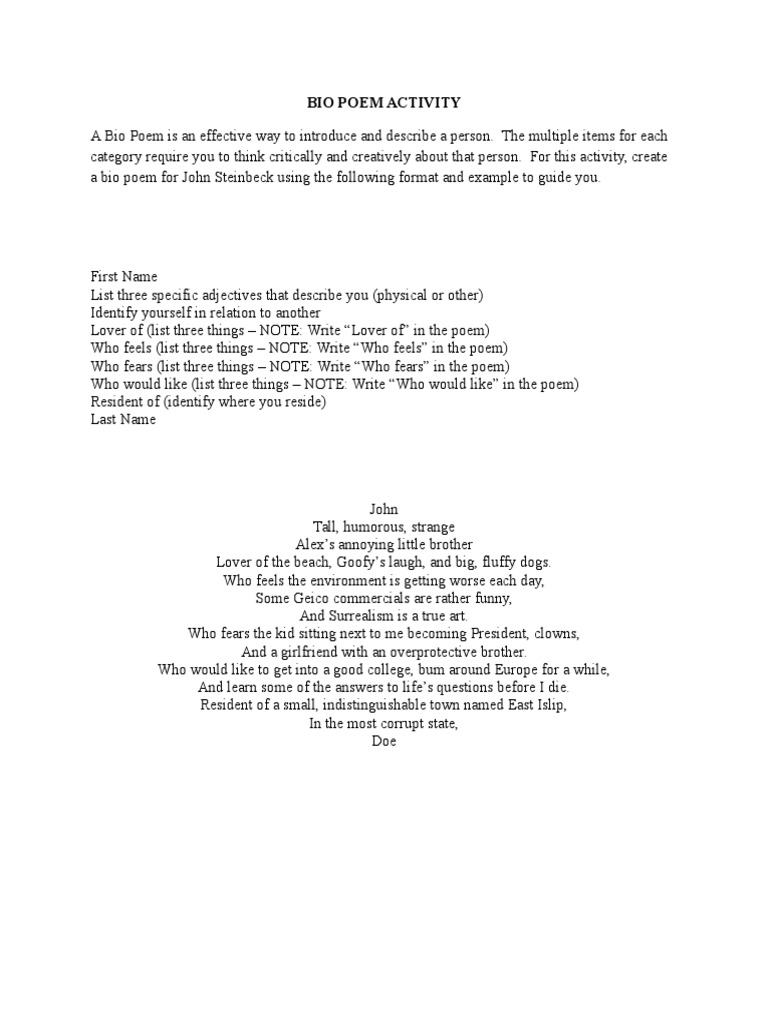 Bio Poem Activity for John Steinbeck | PDF | General Fiction