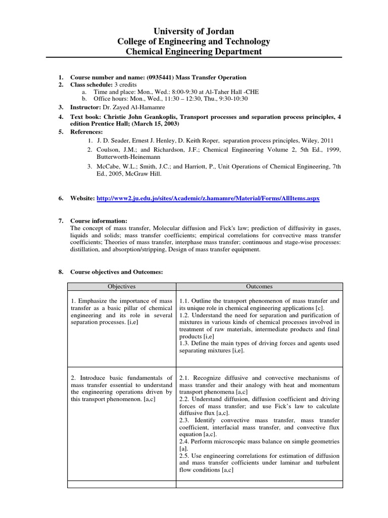 Syllabus-Mass Trasnfer Operations-ABET Format | PDF | Transport ...