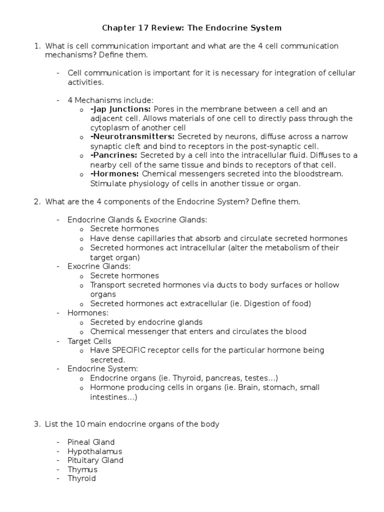 Chapter 17 - The Endocrine System - Review | PDF