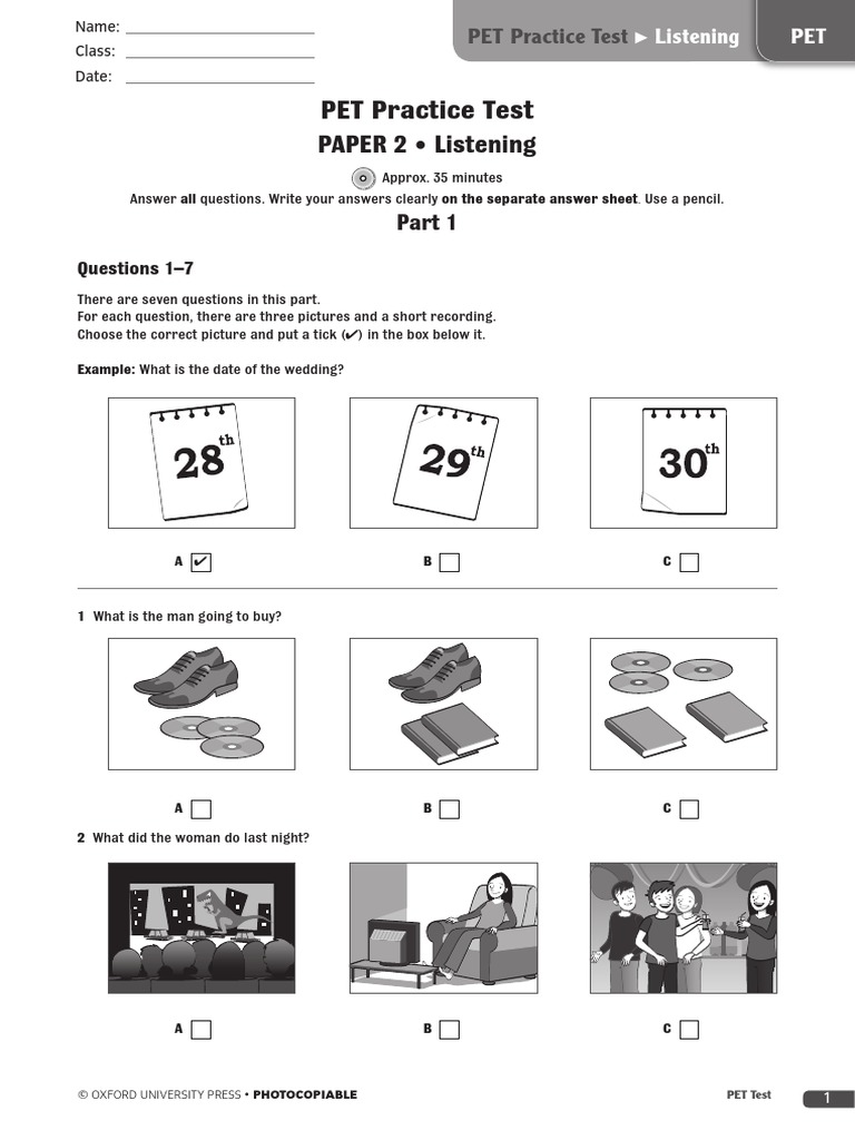 PET Practice Test: Paper 2 - Listening | PDF