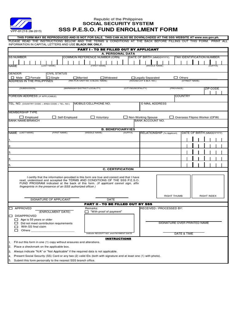 SSS P.E.S.O. Fund Enrollment Form | PDF | Social Security (United ...