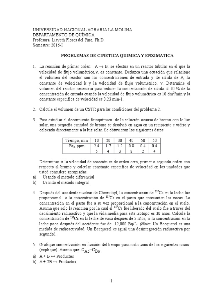 Ejercicios de Cinetica Enzimatica | PDF | Reactor Quimico | Velocidad de reacción