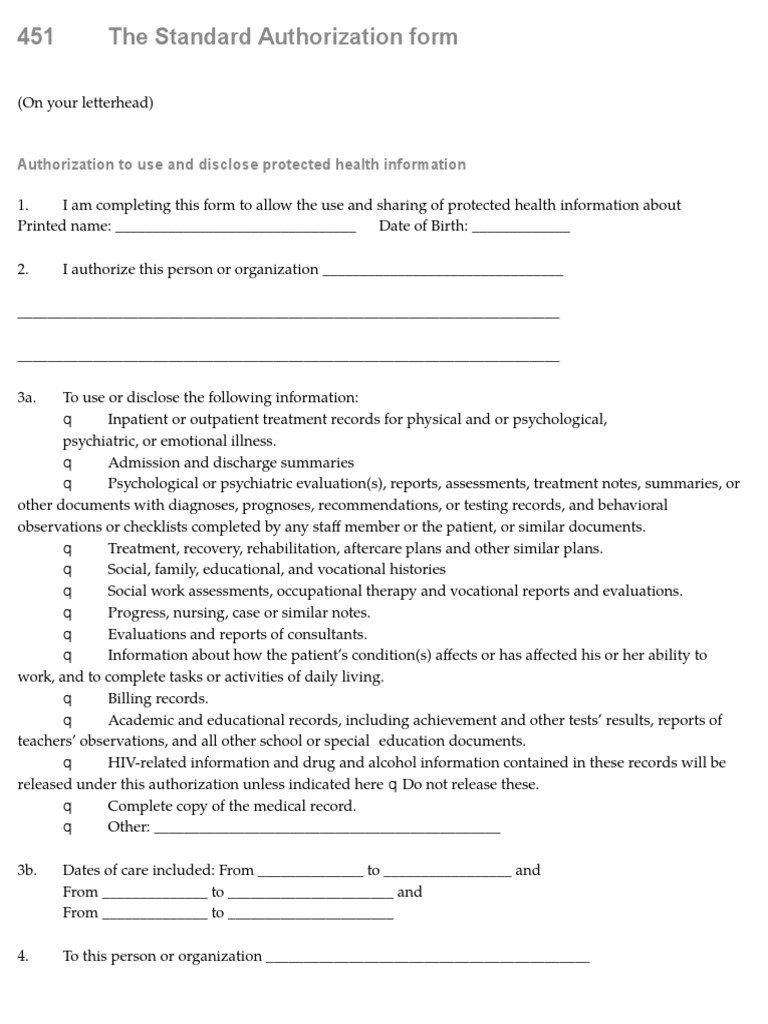451 Standard Authorization Form | PDF | Patient | Psychological Evaluation