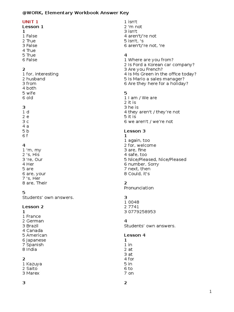 Elementary Workbook Answer Key | PDF