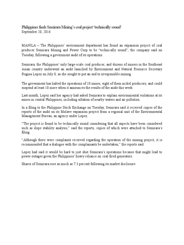 Philippines Finds Semirara Mining's Coal Project Technically Sound' | PDF