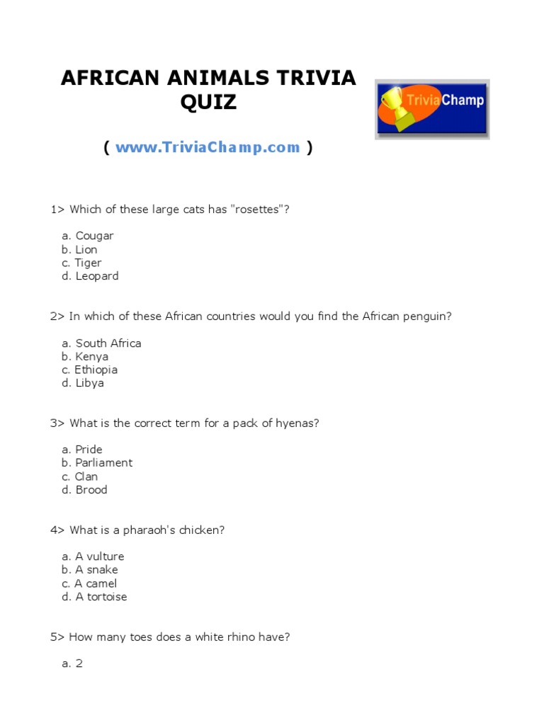 African Animals Trivia Quiz | PDF | Rhinoceros | Lion