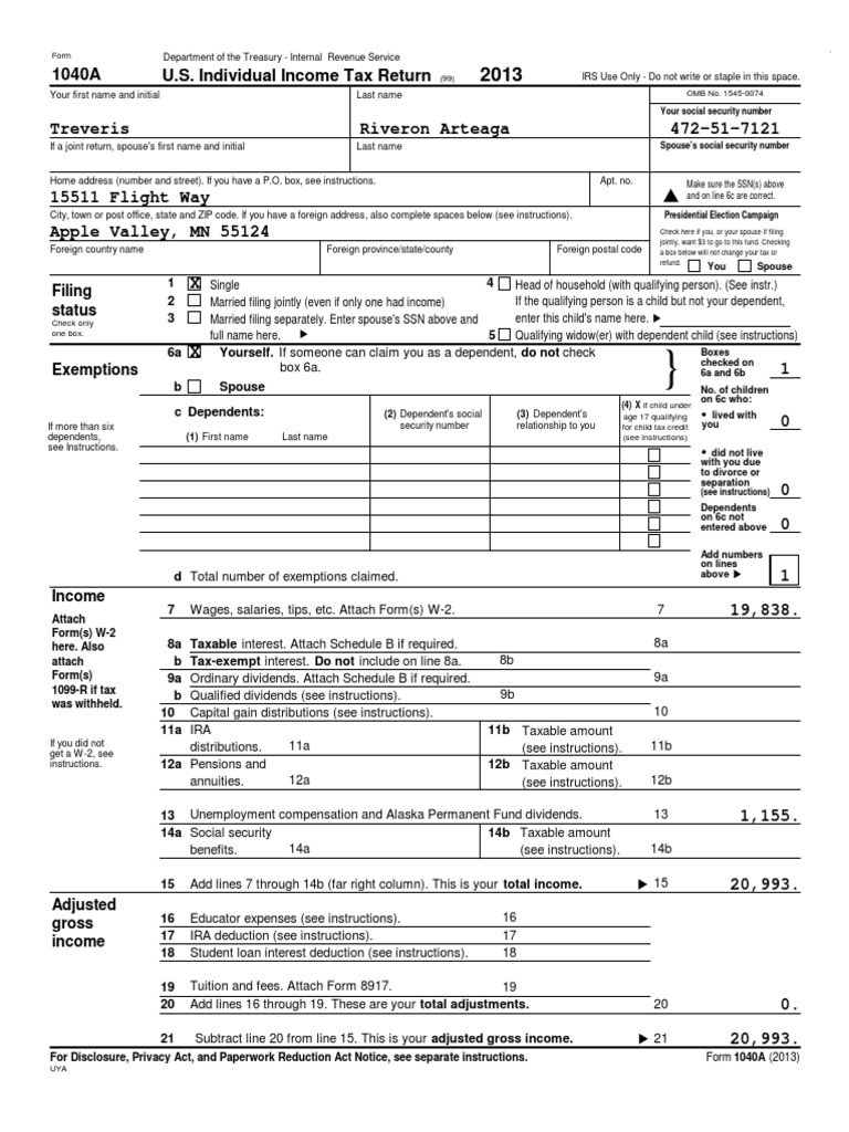 U.S. Individual Income Tax Return 1040A: Filing Status | PDF | Irs Tax ...