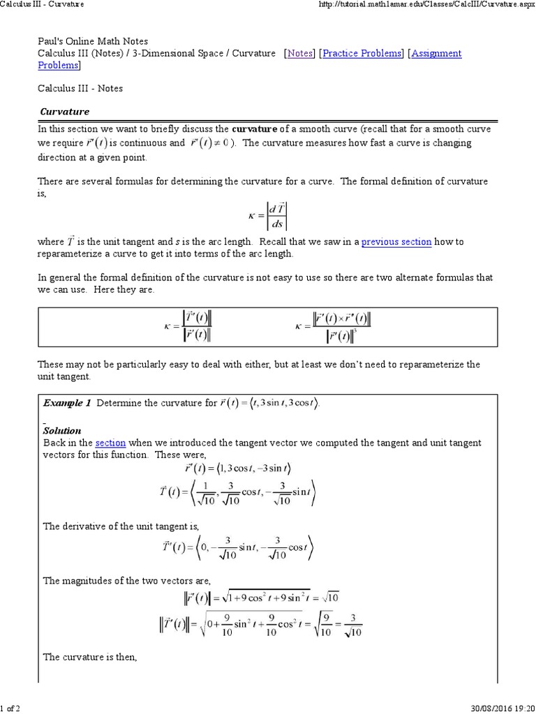 Calculus Iii Curvature Pdf Pdf Curve Derivative